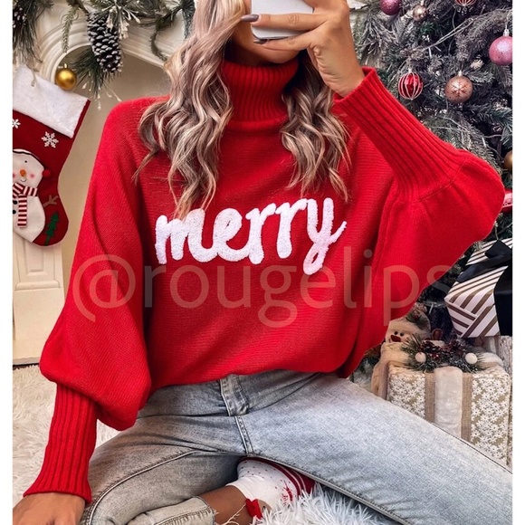 Rouge! | Sweaters | Red Oversized Pullover Sweater Merry Text Letters ...
